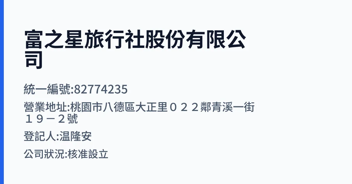 富之星旅行社股份有限公司 - 統編 82774235(桃園市) 公司登記資料與營業項目詳細圖表