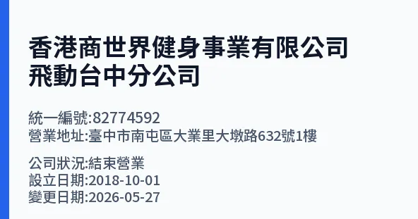 香港商世界健身事業有限公司飛動台中分公司的照片-統編 82774592(臺中市) 公司登記資料與營業項目詳細圖表
