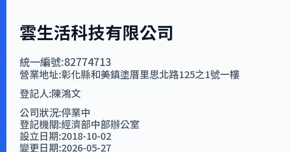 雲生活科技有限公司的照片-統編 82774713(彰化縣) 公司登記資料與營業項目詳細圖表