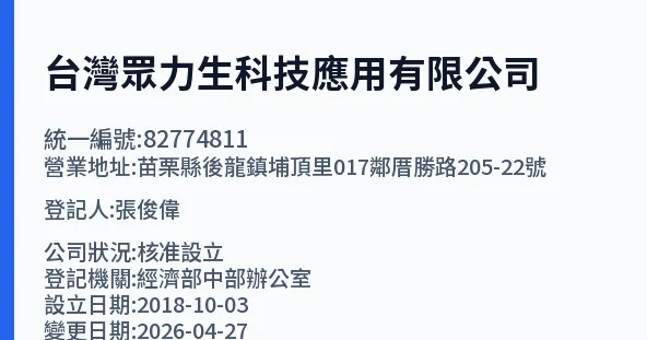 台灣眾力生科技應用有限公司的照片-統編 82774811(苗栗縣) 公司登記資料與營業項目詳細圖表