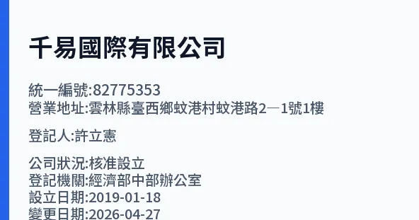 千易國際有限公司的照片-統編 82775353(雲林縣) 公司登記資料與營業項目詳細圖表