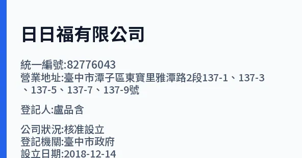 日日福有限公司的照片-統編 82776043(臺中市) 公司登記資料與營業項目詳細圖表