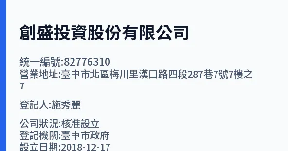 創盛投資股份有限公司的照片-統編 82776310(臺中市) 公司登記資料與營業項目詳細圖表