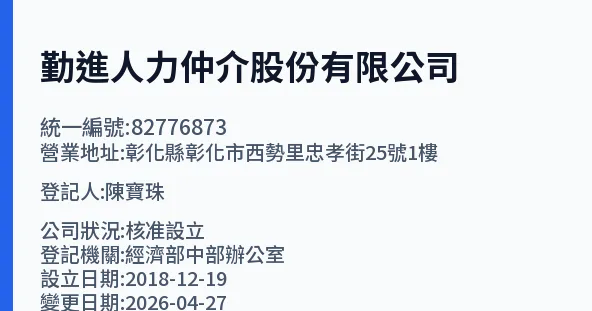 勤進人力仲介股份有限公司的照片-統編 82776873(彰化縣) 公司登記資料與營業項目詳細圖表