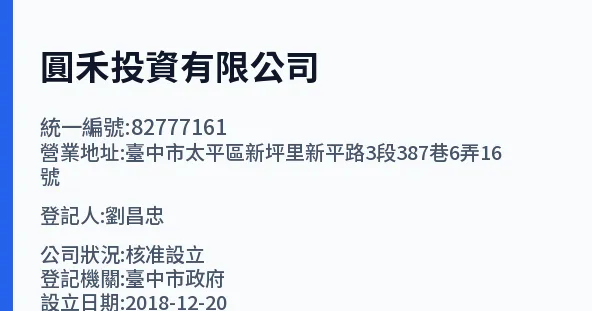 圓禾投資有限公司的照片-統編 82777161(臺中市) 公司登記資料與營業項目詳細圖表