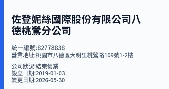 佐登妮絲國際股份有限公司八德桃鶯分公司的照片-統編 82778838(桃園市) 公司登記資料與營業項目詳細圖表