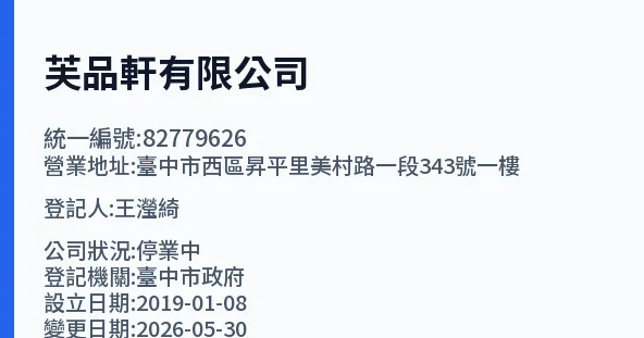 芙品軒有限公司的照片-統編 82779626(臺中市) 公司登記資料與營業項目詳細圖表