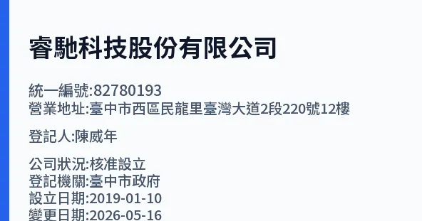 睿馳科技股份有限公司的照片-統編 82780193(臺中市) 公司登記資料與營業項目詳細圖表