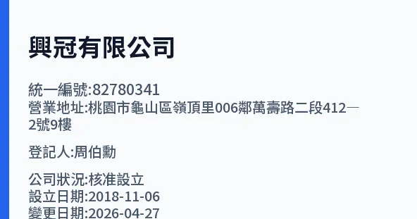 興冠有限公司的照片-統編 82780341(桃園市) 公司登記資料與營業項目詳細圖表