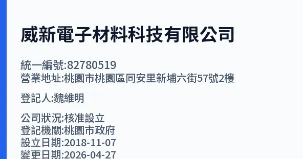 威新電子材料科技有限公司的照片-統編 82780519(桃園市) 公司登記資料與營業項目詳細圖表