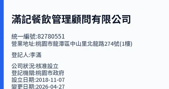 滿記餐飲管理顧問有限公司的照片-統編 82780551(桃園市) 公司登記資料與營業項目詳細圖表