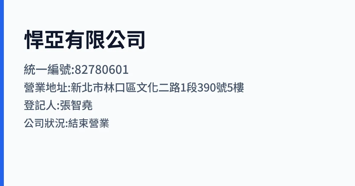 悍亞有限公司 - 統編 82780601(新北市) 公司登記資料與營業項目詳細圖表