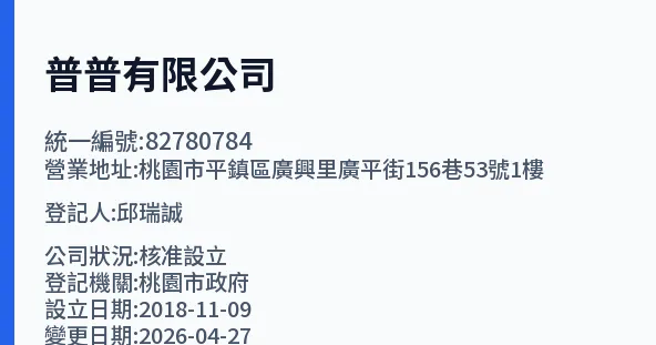 普普有限公司的照片-統編 82780784(桃園市) 公司登記資料與營業項目詳細圖表