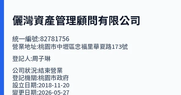 儷灣資產管理顧問有限公司的照片-統編 82781756(桃園市) 公司登記資料與營業項目詳細圖表