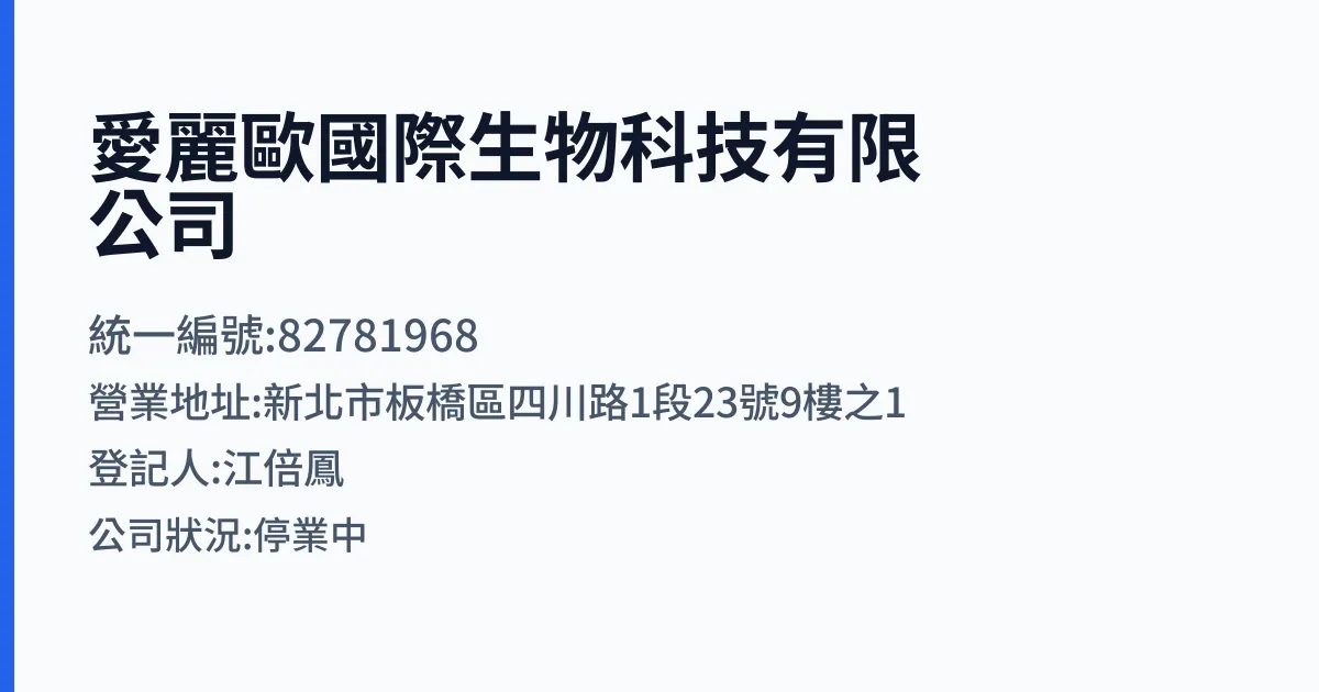 愛麗歐國際生物科技有限公司 - 統編 82781968(新北市) 公司登記資料與營業項目詳細圖表