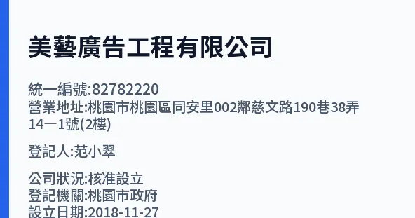 美藝廣告工程有限公司的照片-統編 82782220(桃園市) 公司登記資料與營業項目詳細圖表