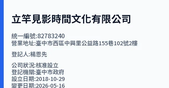 立竿見影時間文化有限公司的照片-統編 82783240(臺中市) 公司登記資料與營業項目詳細圖表