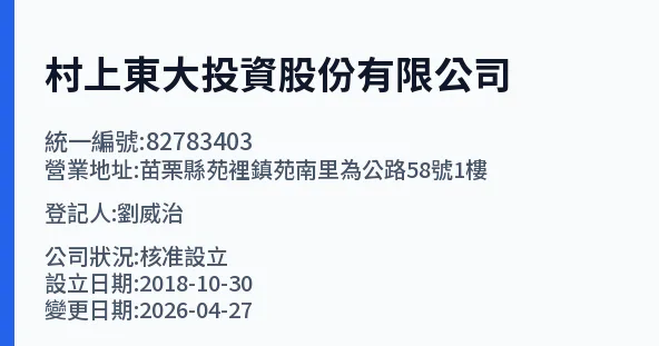 村上東大投資股份有限公司的照片-統編 82783403(苗栗縣) 公司登記資料與營業項目詳細圖表