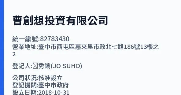 曹創想投資有限公司的照片-統編 82783430(臺中市) 公司登記資料與營業項目詳細圖表