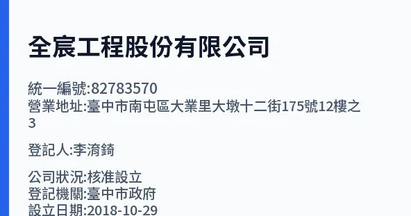 全宸工程股份有限公司的照片-統編 82783570(臺中市) 公司登記資料與營業項目詳細圖表