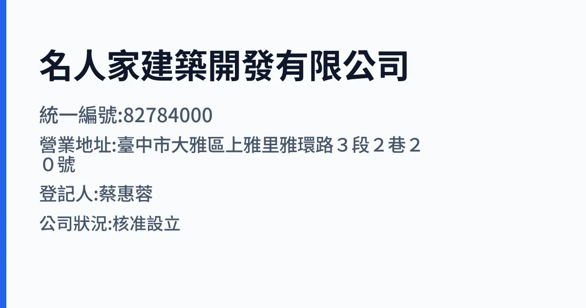 名人家建築開發有限公司 - 統編 82784000(臺中市) 公司登記資料與營業項目詳細圖表