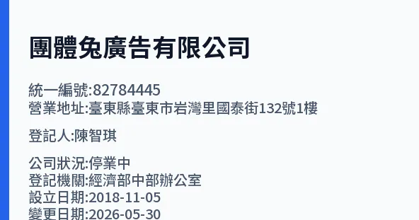 團體兔廣告有限公司的照片-統編 82784445(臺東縣) 公司登記資料與營業項目詳細圖表