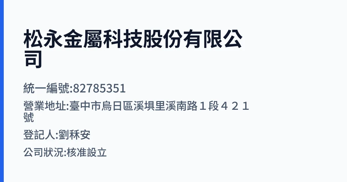 松永金屬科技股份有限公司 - 統編 82785351(臺中市) 公司登記資料與營業項目詳細圖表