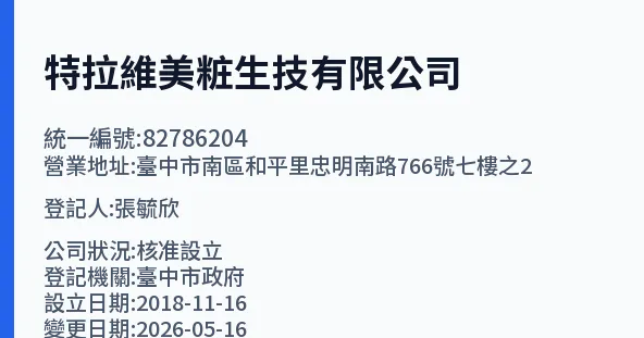 特拉維美粧生技有限公司的照片-統編 82786204(臺中市) 公司登記資料與營業項目詳細圖表