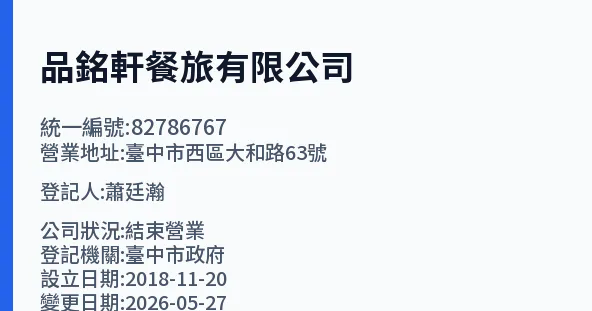 品銘軒餐旅有限公司的照片-統編 82786767(臺中市) 公司登記資料與營業項目詳細圖表