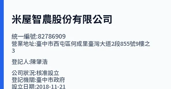 米屋智農股份有限公司的照片-統編 82786909(臺中市) 公司登記資料與營業項目詳細圖表