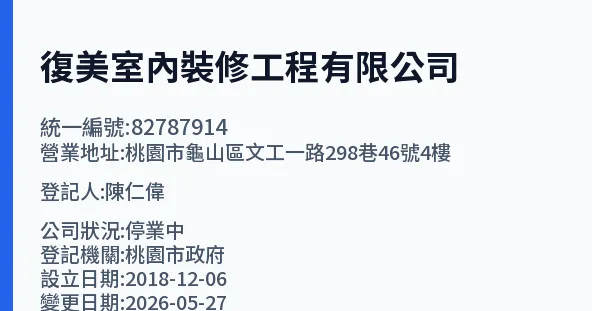 復美室內裝修工程有限公司的照片-統編 82787914(桃園市) 公司登記資料與營業項目詳細圖表