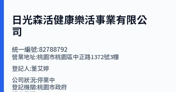 日光森活健康樂活事業有限公司的照片-統編 82788792(桃園市) 公司登記資料與營業項目詳細圖表