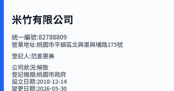米竹有限公司的照片-統編 82788809(桃園市) 公司登記資料與營業項目詳細圖表