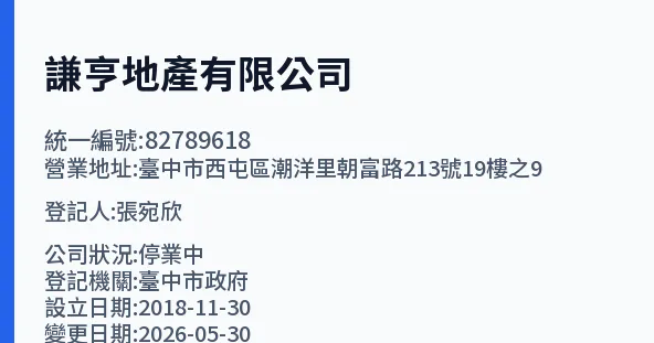 謙亨地產有限公司的照片-統編 82789618(臺中市) 公司登記資料與營業項目詳細圖表