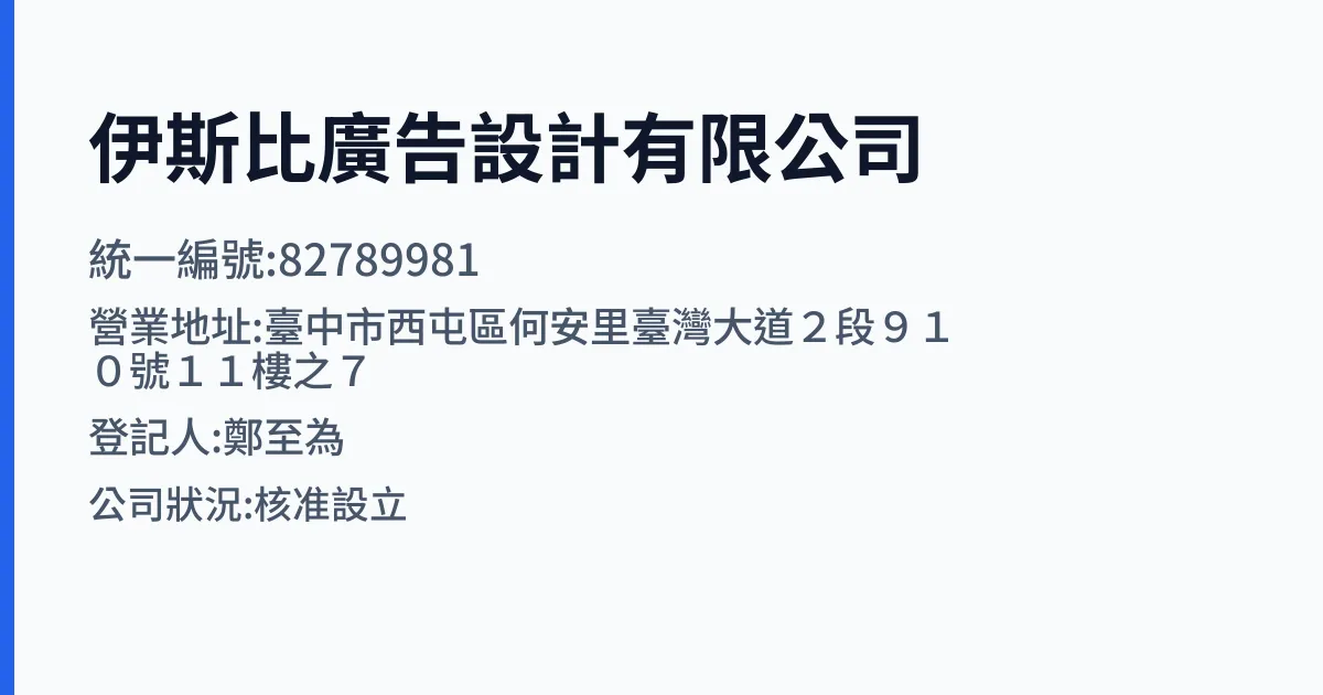 伊斯比廣告設計有限公司 - 統編 82789981(臺中市) 公司登記資料與營業項目詳細圖表