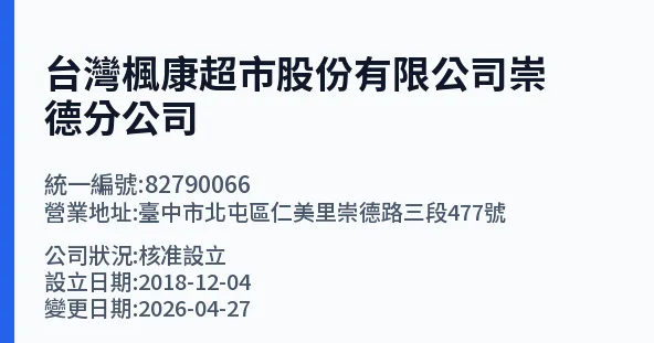 台灣楓康超市股份有限公司崇德分公司的照片-統編 82790066(臺中市) 公司登記資料與營業項目詳細圖表