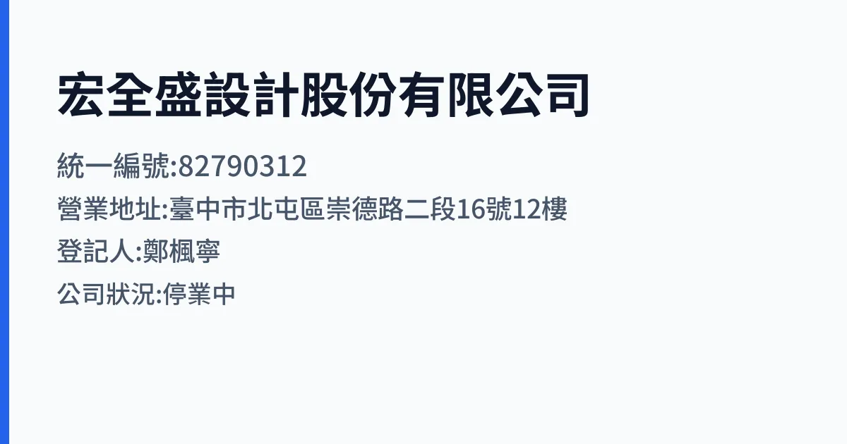 宏全盛設計股份有限公司 - 統編 82790312(臺中市) 公司登記資料與營業項目詳細圖表