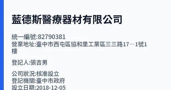藍德斯醫療器材有限公司的照片-統編 82790381(臺中市) 公司登記資料與營業項目詳細圖表