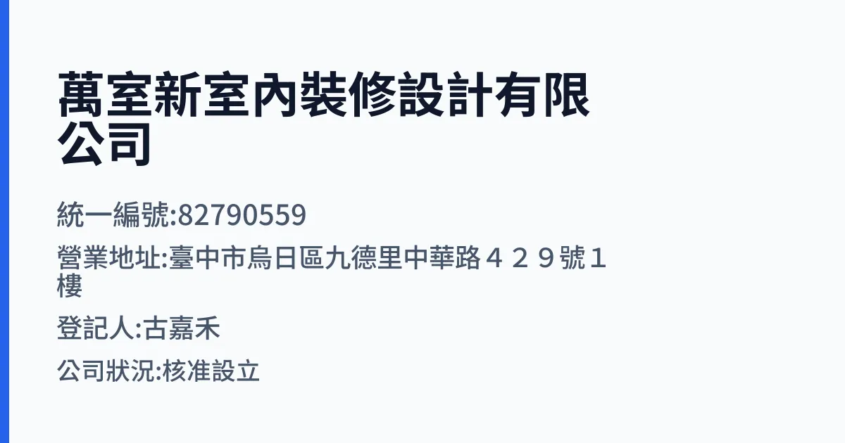 萬室新室內裝修設計有限公司 - 統編 82790559(臺中市) 公司登記資料與營業項目詳細圖表