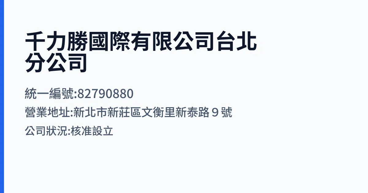 千力勝國際有限公司台北分公司 - 統編 82790880(新北市) 公司登記資料與營業項目詳細圖表