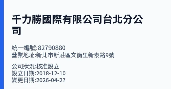千力勝國際有限公司台北分公司的照片-統編 82790880(新北市) 公司登記資料與營業項目詳細圖表