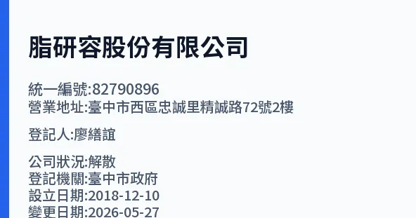 脂研容股份有限公司的照片-統編 82790896(臺中市) 公司登記資料與營業項目詳細圖表