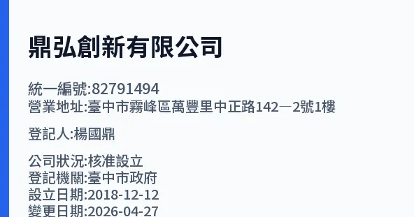 鼎弘創新有限公司的照片-統編 82791494(臺中市) 公司登記資料與營業項目詳細圖表