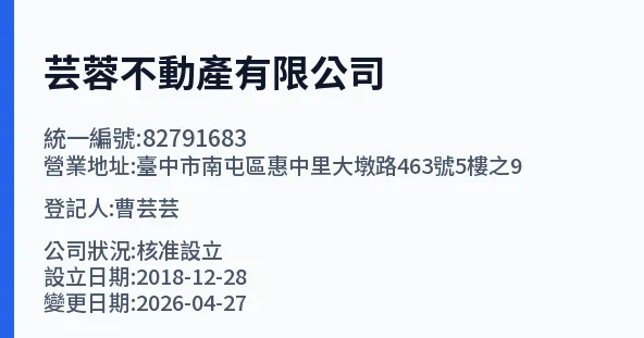 芸蓉不動產有限公司的照片-統編 82791683(臺中市) 公司登記資料與營業項目詳細圖表