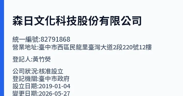 森日文化科技股份有限公司的照片-統編 82791868(臺中市) 公司登記資料與營業項目詳細圖表