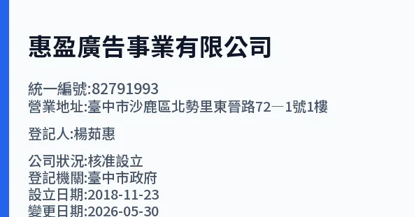 惠盈廣告事業有限公司的照片-統編 82791993(臺中市) 公司登記資料與營業項目詳細圖表