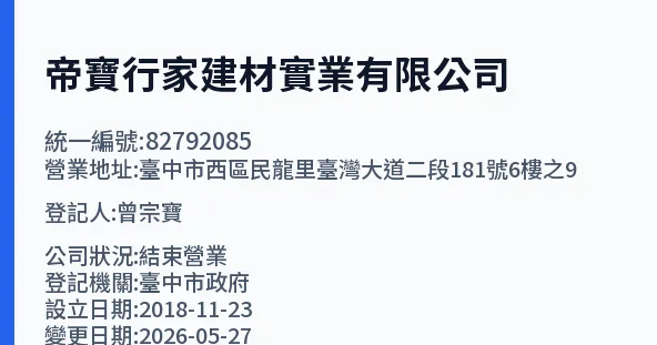 帝寶行家建材實業有限公司的照片-統編 82792085(臺中市) 公司登記資料與營業項目詳細圖表