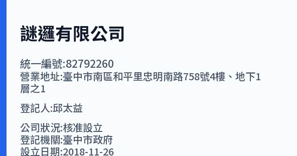 謎邏有限公司的照片-統編 82792260(臺中市) 公司登記資料與營業項目詳細圖表