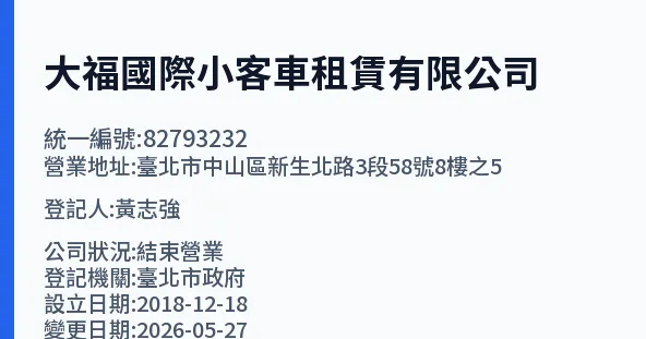 大福國際小客車租賃有限公司的照片-統編 82793232(臺北市) 公司登記資料與營業項目詳細圖表