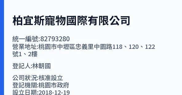 柏宜斯寵物國際有限公司的照片-統編 82793280(桃園市) 公司登記資料與營業項目詳細圖表